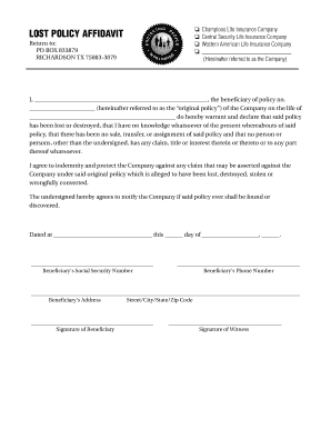 Fillable Online Lost Policy Affidavit All - Maximum Corporation Fax ...
