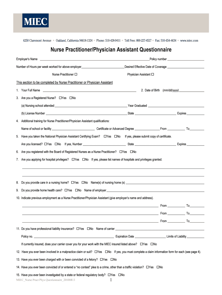 Fillable Online Nurse PractitionerPhysician Assistant Questionnaire Fax ...