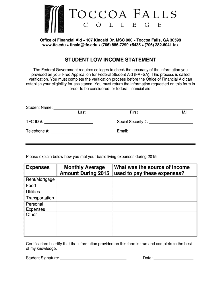 Fillable Online tfc Student Low Income Statement - tfc Fax Email Print ...