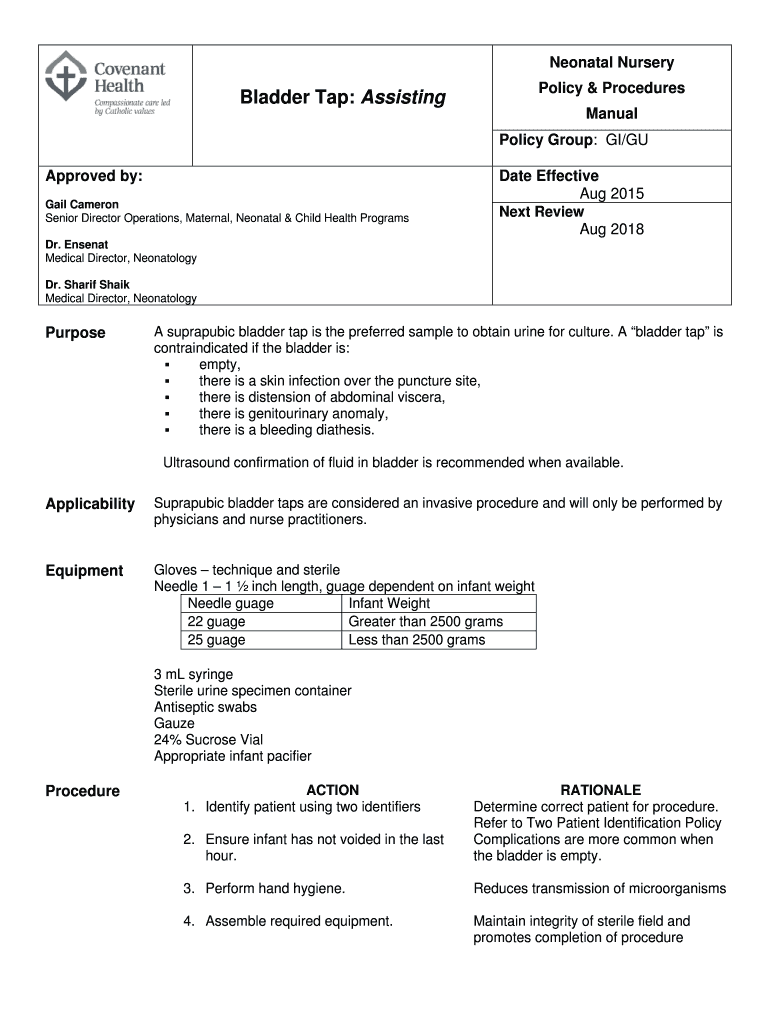 Fillable Online extcontent covenanthealth Neonatal Nursery Bladder Tap ...