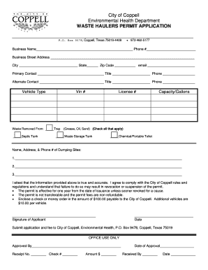 Fillable Online Waste Hauler Permit Application - Coppell Texas Fax ...