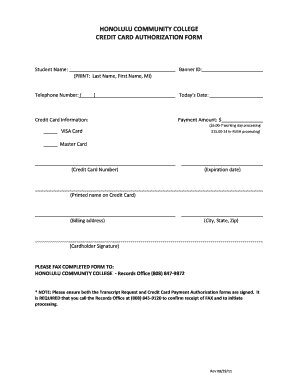 Fillable Online HONOLULU COMMUNITY COLLEGE CREDIT CARD AUTHORIZATION FORM Fax Email Print ...