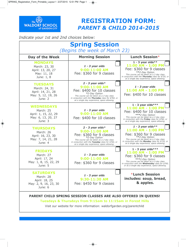 Fillable Online PARENT CHILD 2014-2015 - waldorfgardenorg Fax Email Print - pdfFiller