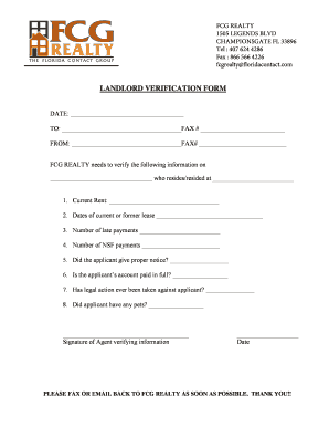 Fillable Online LANDLORD VERIFICATION FORM - fcgrealtycom Fax Email ...