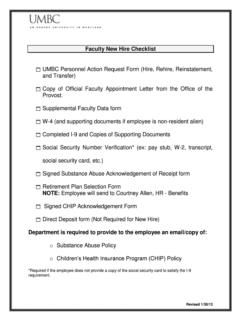 Fillable Online hr umbc Faculty New Hire Checklist - hrbumbcbedu - hr umbc Fax Email Print ...