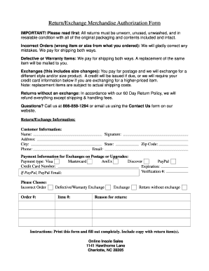 Fillable Online ReturnExchange Merchandise Authorization Form Fax Email ...