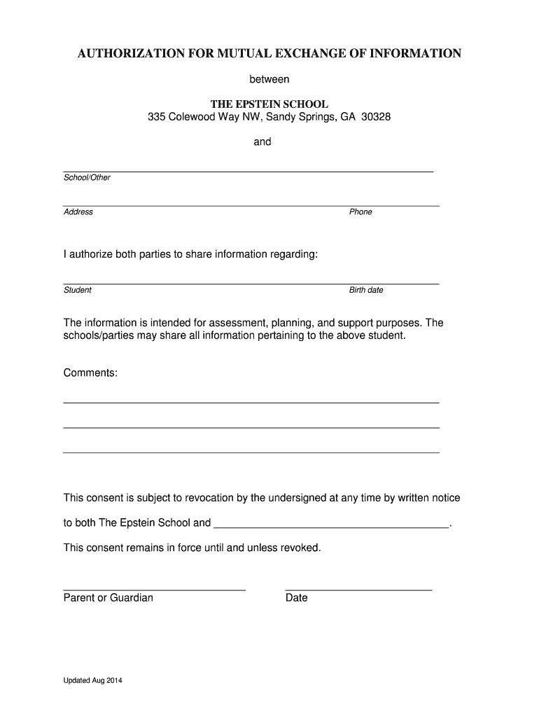 Fillable Online web2 epsteinatlanta AUTHORIZATION FOR MUTUAL EXCHANGE OF INFORMATION Fax Email ...