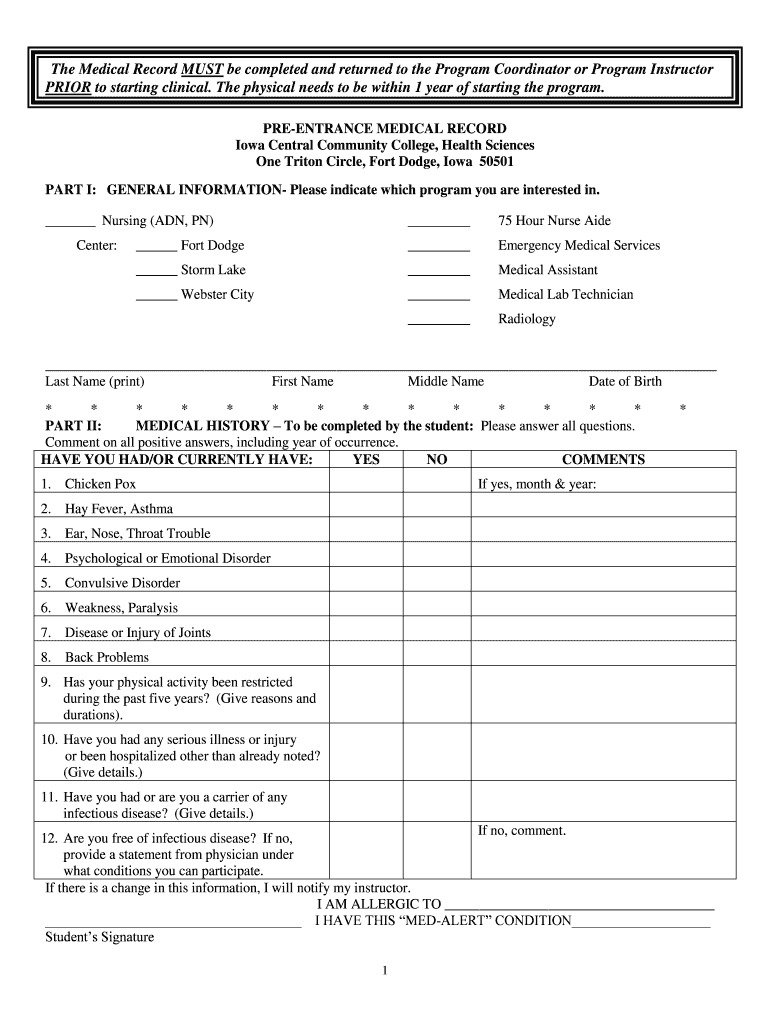 Fillable Online iowacentral PRE-ENTRANCE MEDICAL RECORD - iowacentral ...