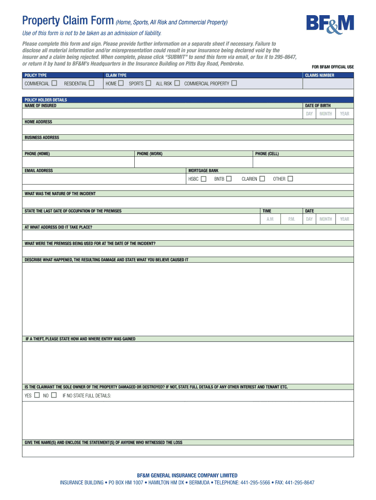 Fillable Online bfm Property Claim Form Home Sports All Risk and ...
