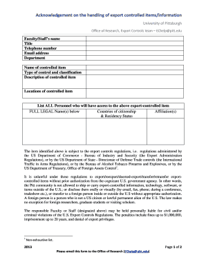 Fillable Online research pitt Acknowledgement on the handling of export ...