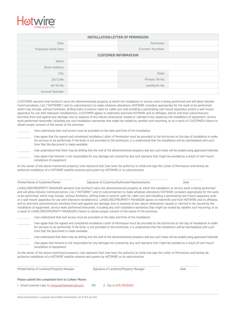 Fillable Online INSTALLATION LETTER OF bPERMISSIONb CUSTOMER ...