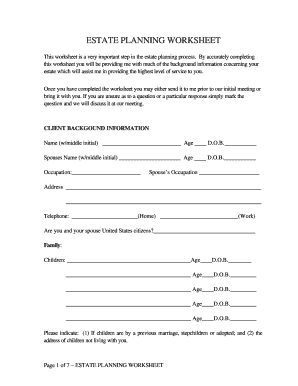Fillable Online ESTATE PLANNING WORKSHEET - Bernt A Jacobsen Fax Email ...