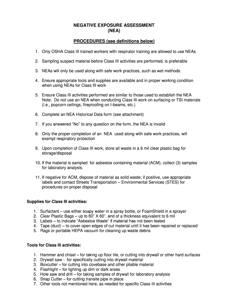 Fillable Online employee phoenix NEGATIVE EXPOSURE ASSESSMENT NEA ...