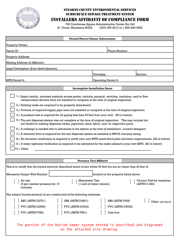 Fillable Online co stearns mn Installers Affidavit of Compliance Form Fax Email Print - pdfFiller