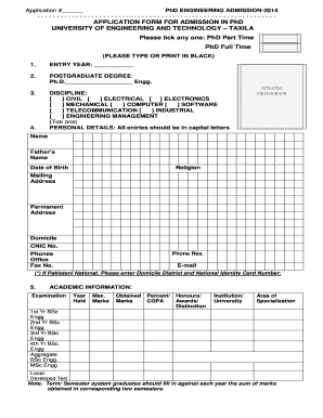 Fillable Online web uettaxila edu Application PhD ENGINEERING ADMISSION ...