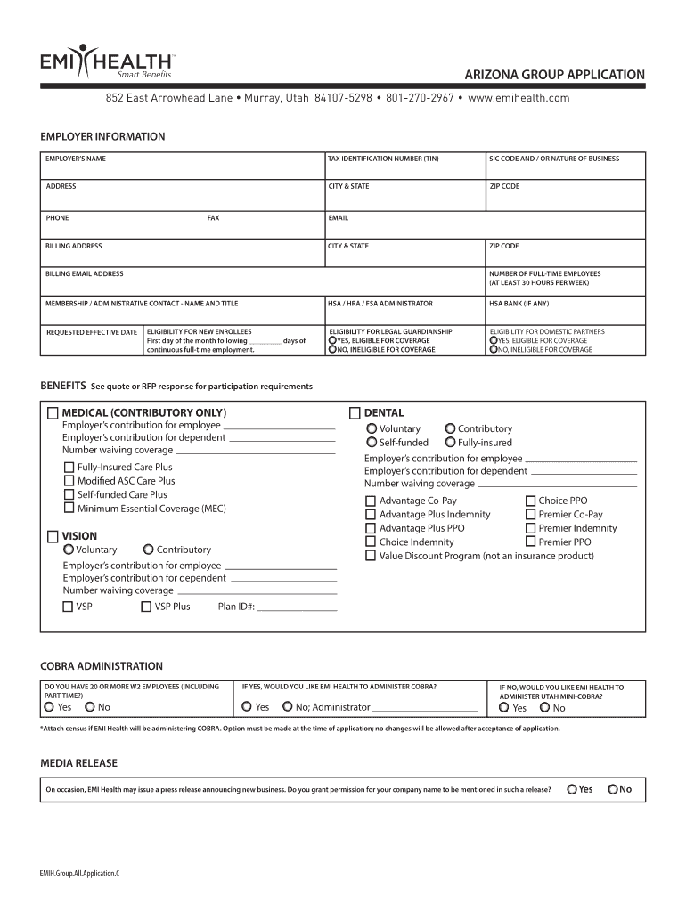 Fillable Online ARIZONA GROUP APPLICATIONEHP GROUP APPLICATION - EMI ...