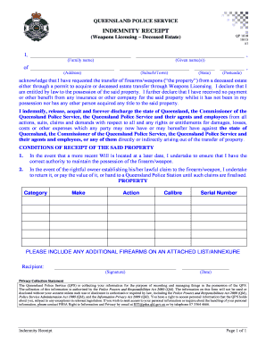 Fillable Online INDEMNITY RECEIPT Weapons Licensing Deceased Estate Fax ...