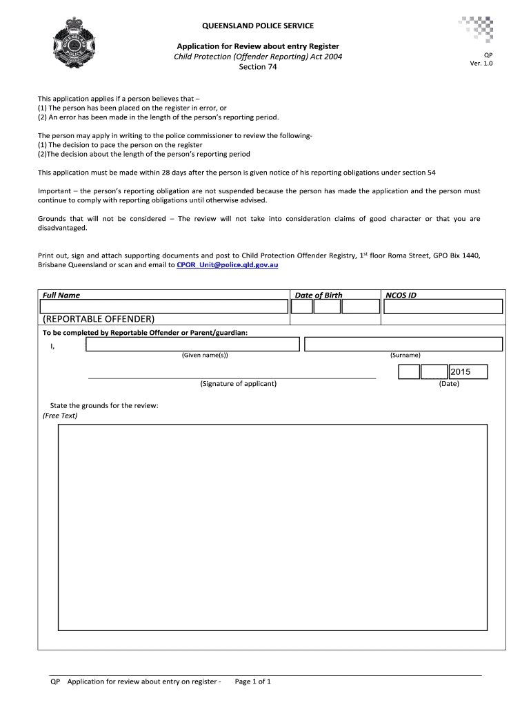 Fillable Online QUEENSLAND POLICE SERVICE Application Review Register ...