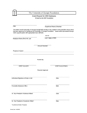 Fillable Online Award Request for UGA Employees Fax Email Print - pdfFiller