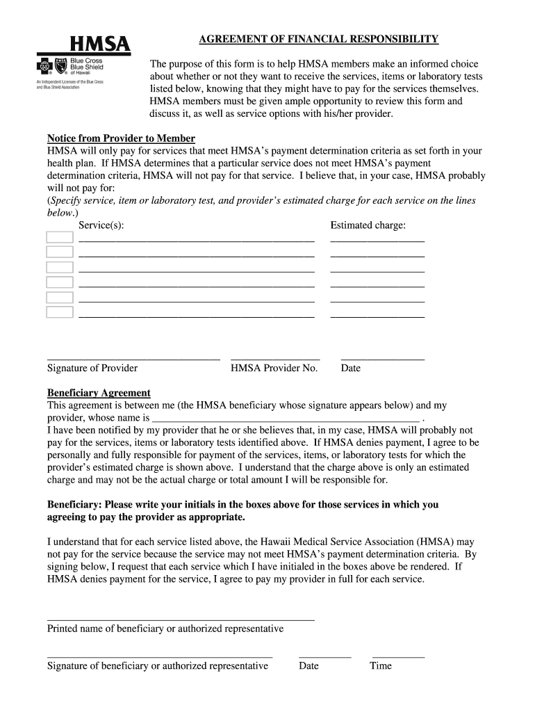Fillable Online AGREEMENT OF FINANCIAL RESPONSIBILITY - HMSA Fax Email ...