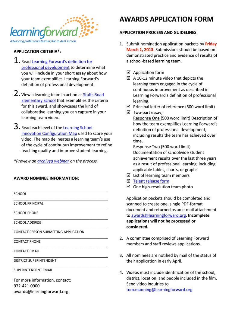 Fillable Online learningforward Awards bapplicationb form - Learning Forward Fax Email Print ...