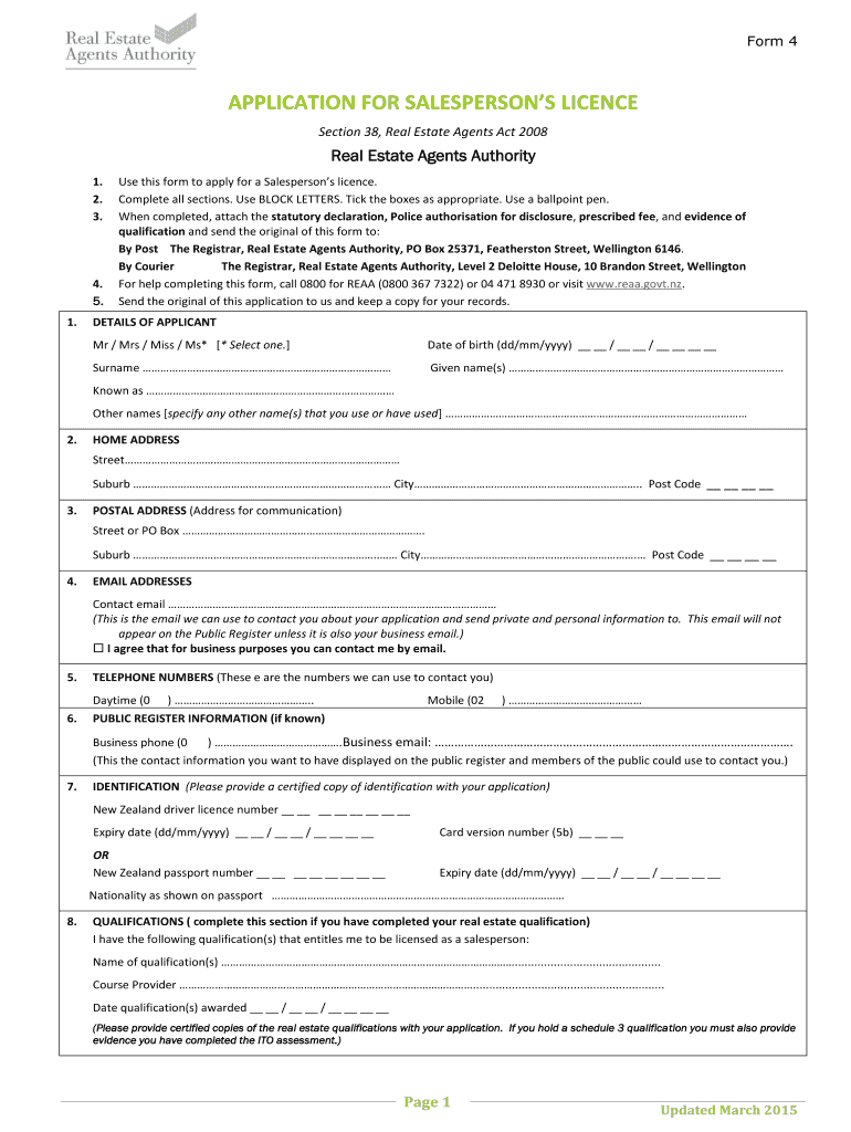 Fillable Online APPLICATION FOR SALESPERSONS LICENCE - REAA Fax Email ...