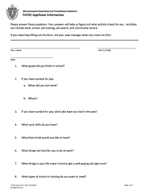 Fillable Online webapps ehs state ma TAFDC Applicant Information ...