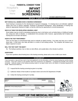 Fillable Online PARENTAL CONSENT FORM INFANT HEARING SCREENING Fax ...