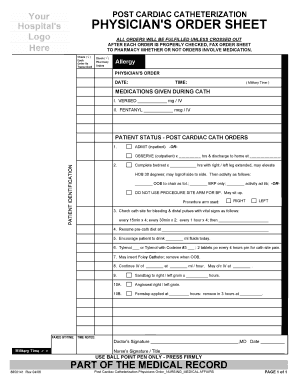 Fillable Online POST CARDIAC CATHETERIZATION PHYSICIANS ORDER SHEET Fax ...