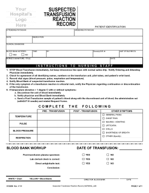 Fillable Online SUSPECTED TRANSFUSION REACTION RECORD - Hospital Forms Fax Email Print - pdfFiller