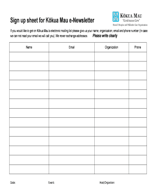 Fillable Online kokuamau Sign up sheet for Kkua Mau newsletter ...
