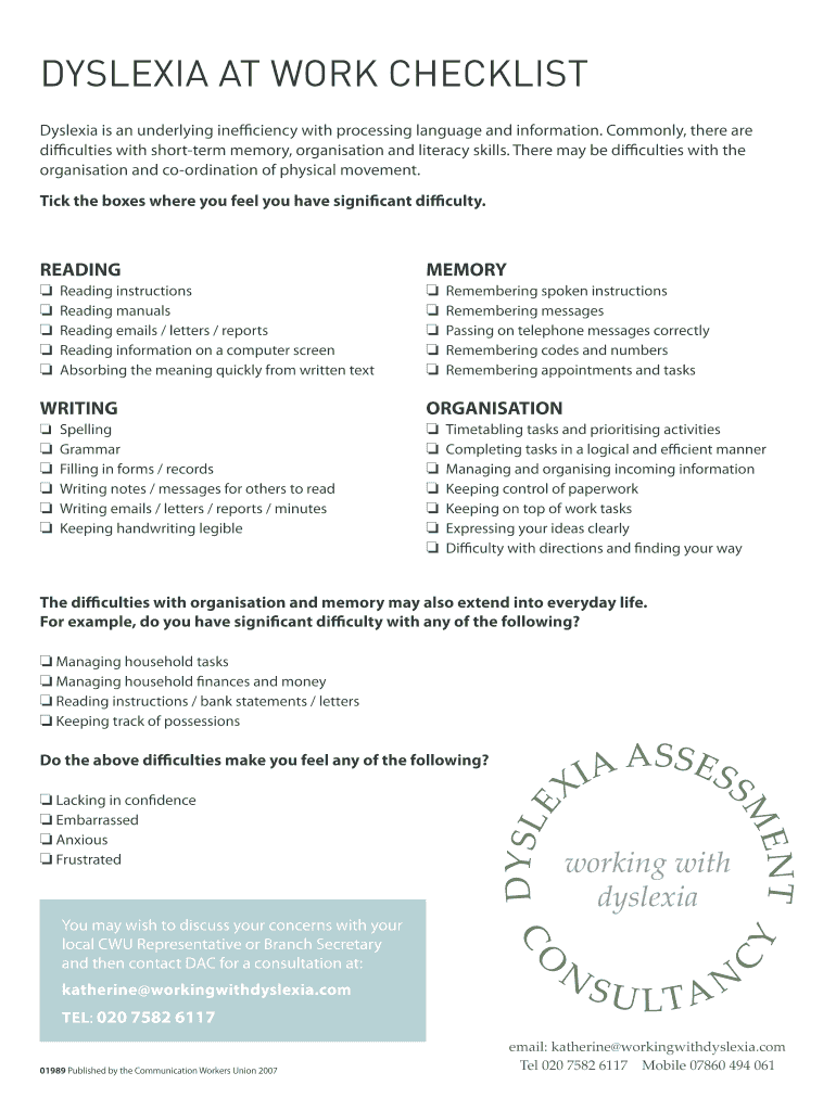 Fillable Online DYSLEXIA AT WORK CHECKLIST - cwuorg Fax Email Print ...