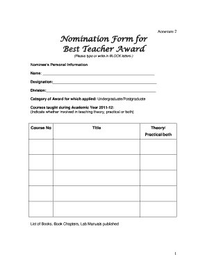 Fillable Online ndri res Annexure 2 Nomination Form for Best Teacher ...
