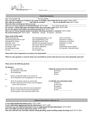 Fillable Online Dental Questionnaire Previous dentist you had a ...