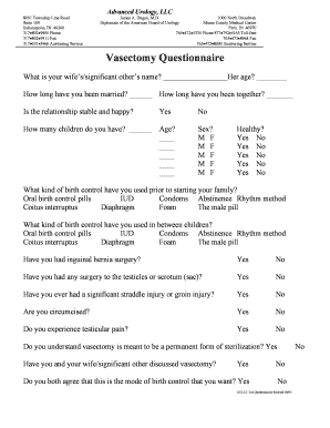 Fillable Online Vasectomy bQuestionnaireb - Advanced Urology LLC Fax ...