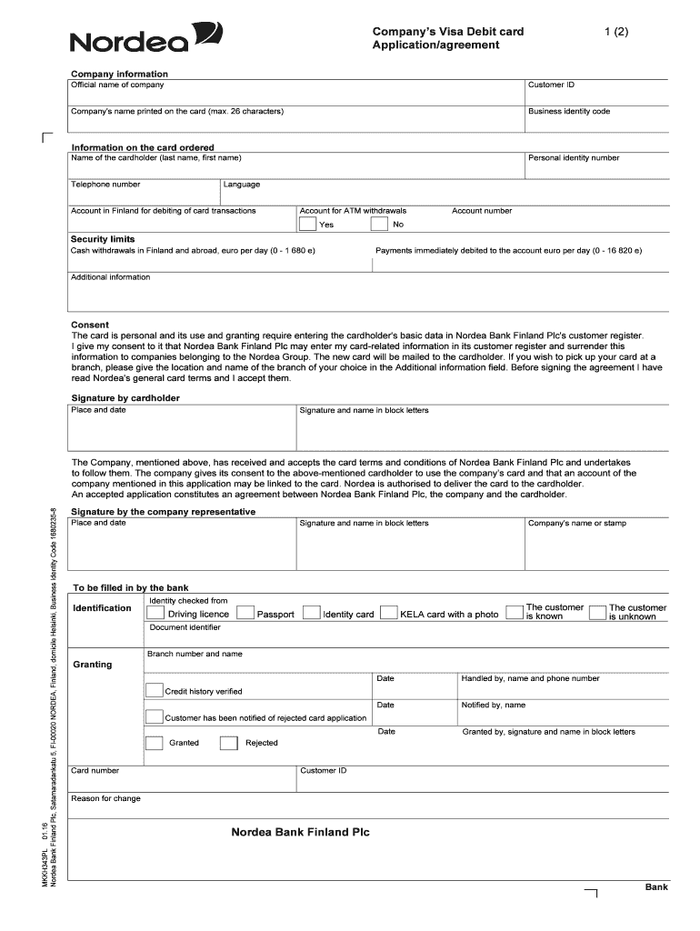 Fillable Online nordea Companys Visa Debit card Applicationagreement ...