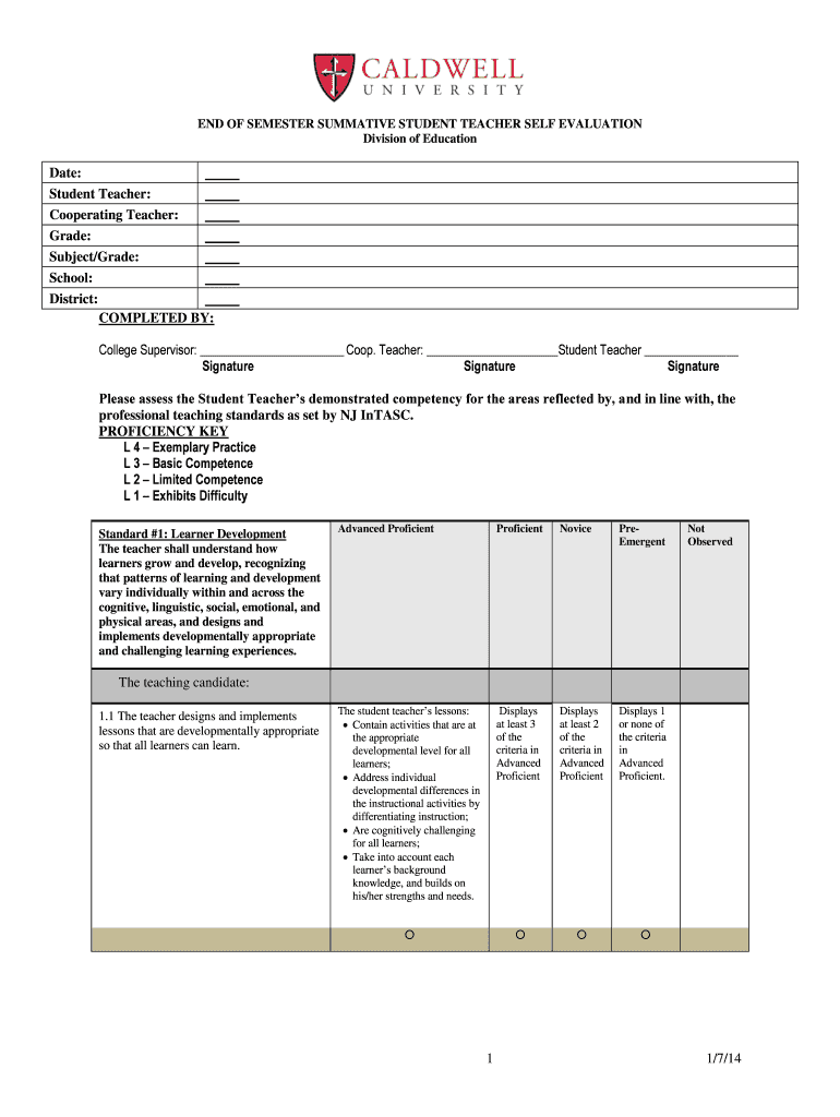 Fillable Online END OF SEMESTER SUMMATIVE STUDENT TEACHER SELF ...