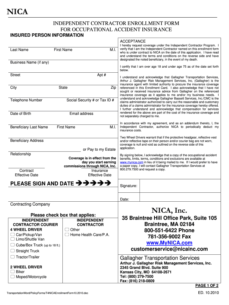 Fillable Online Occupational Accident Insurance Enrollment Form ...