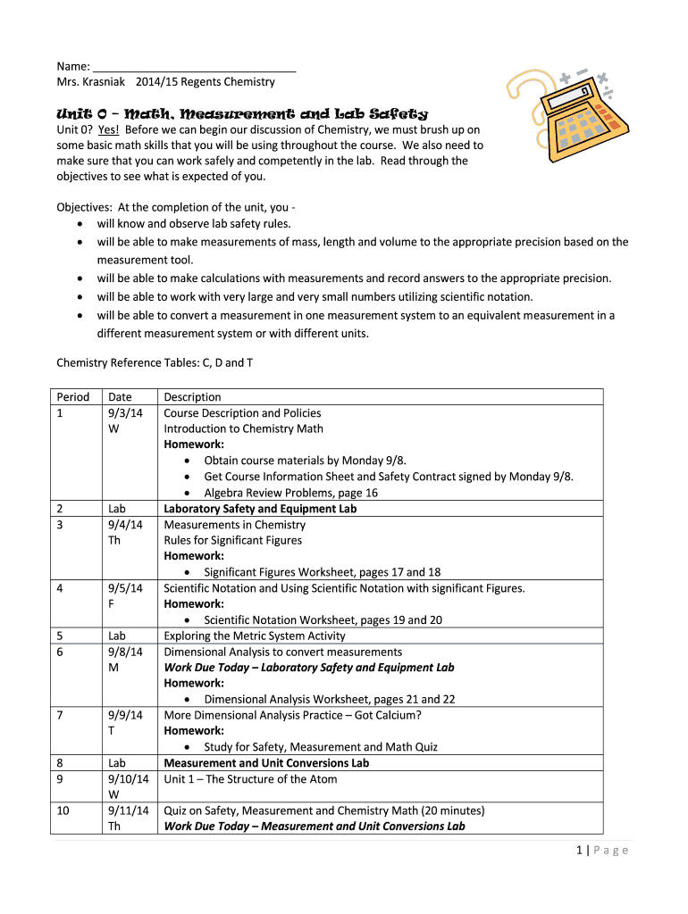 Fillable Online Krasniak 2014/15 Regents Chemistry Unit 0 Math ...