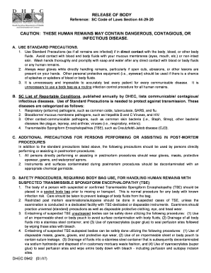 Fillable Online RELEASE OF BODY CAUTION THESE HUMAN REMAINS MAY CONTAIN ...