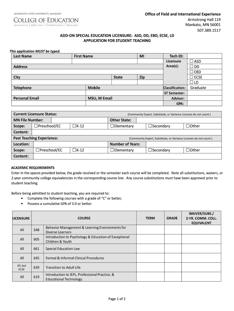 Fillable Online ed mnsu ADDON SPECIAL EDUCATION LICENSURE ASD, DD, EBD, ECSE, LD Fax Email Print ...