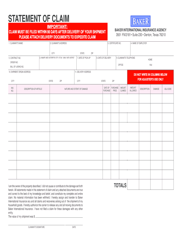 Fillable Online Claim bFormb - Baker International Fax Email Print - pdfFiller