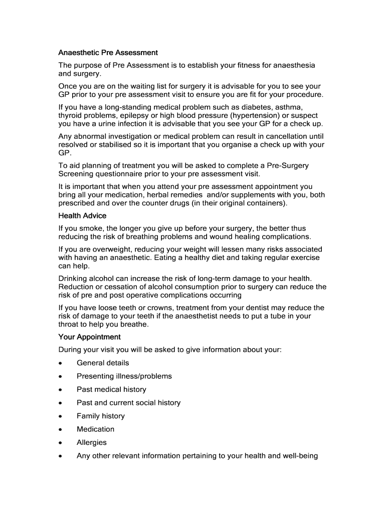 Fillable Online Anaesthetic Pre Assessment Fax Email Print - pdfFiller