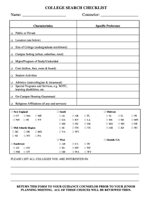 Fillable Online COLLEGE SEARCH CHECKLIST - Syosset High School Fax ...