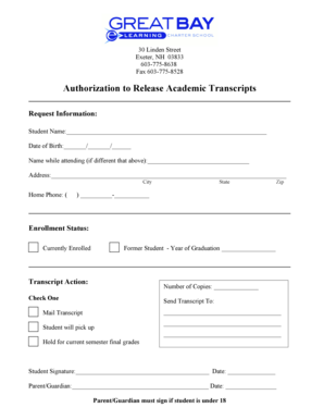 Fillable Online Authorization to Release Academic Transcripts Fax Email ...