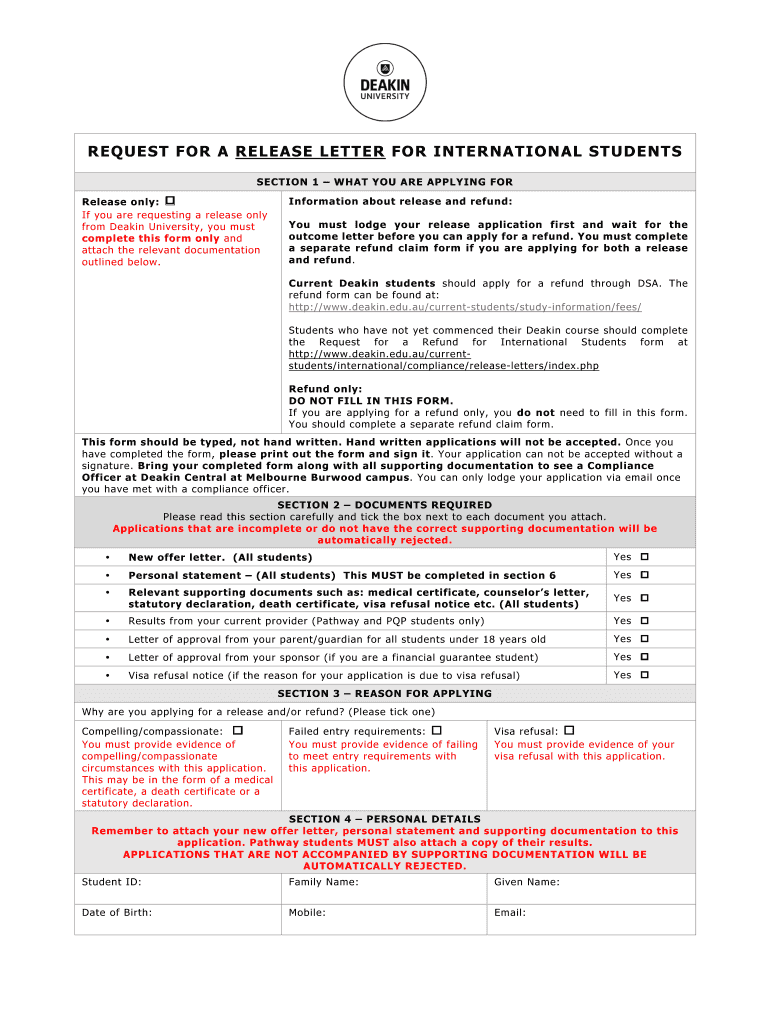 Fillable Online Deakin Edu Re For A Release Letter For 