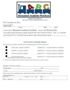 Fillable Online monumentacademy Monument Academy Preschool PS Level One Level Two Pre-K ...