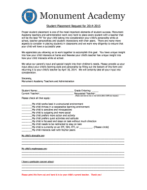Fillable Online monumentacademy Student Placement Request - Monument Academy - monumentacademy ...