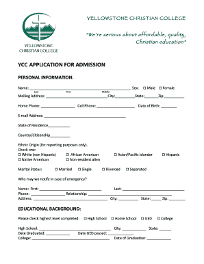 Fillable Online yellowstonechristian YCC Application for Admission ...