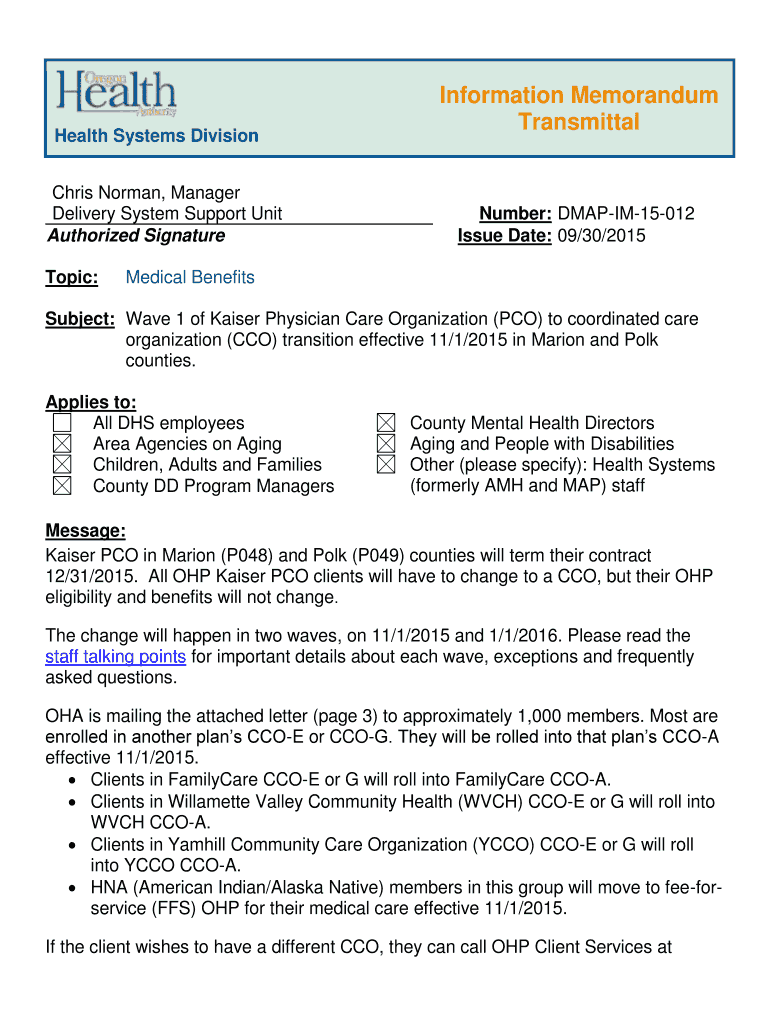 Fillable Online services oregon DMAP IM 15-012 Wave 1 of Kaiser PCO to ...